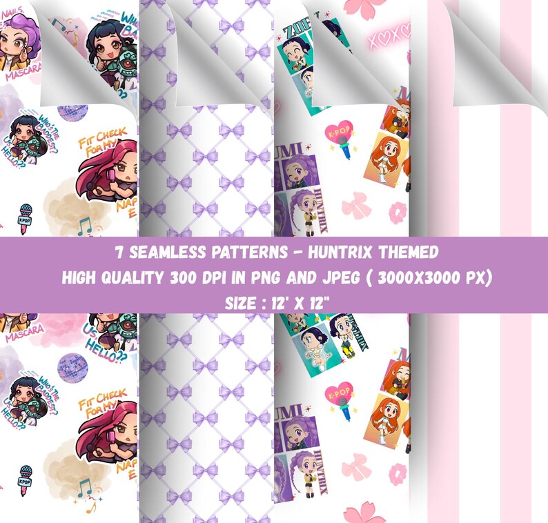 Huntrix Demon Hunters Printable Scrapbook Paper, Seamless Patterns PNG ...