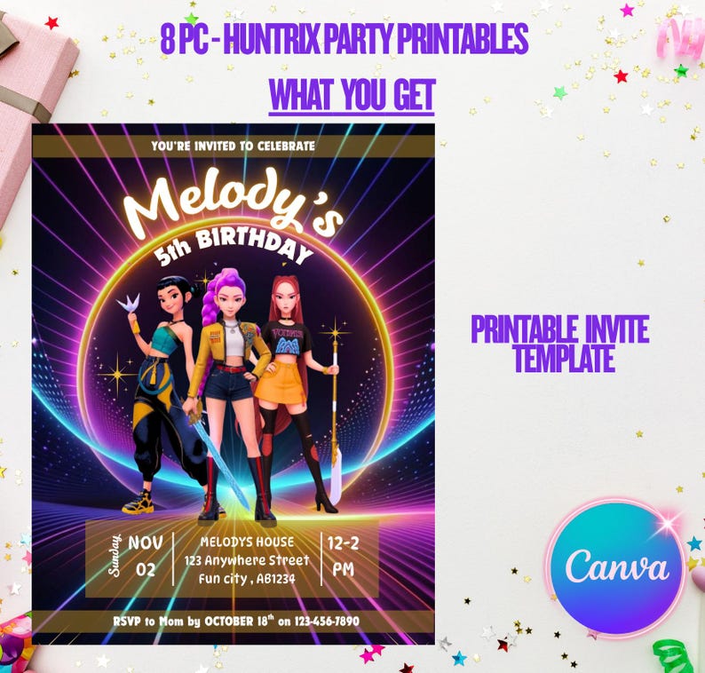 KPOP Demon Hunters Party Favors | 8-piece Birthday Set (canva Template ...