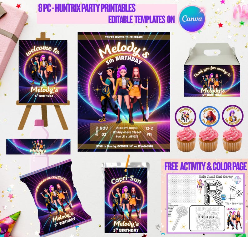 KPOP Demon Hunters Party Favors | 8-piece Birthday Set (canva Template ...