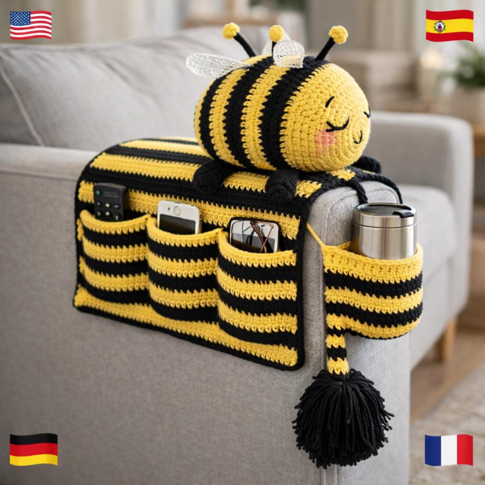 Sofa Organizer Crochet Pattern | Arm Rest Organizer| Bee Home Decor|diy ...