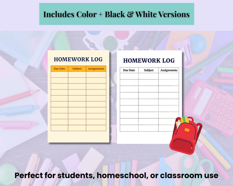 Homework Log Printable | Student Assignment Tracker | Back to School ...