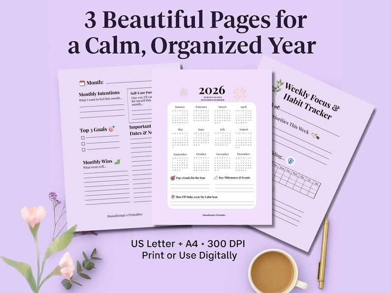 2026 Calendar & Planner Pack | Printable Year Planner | Self-care Goal ...