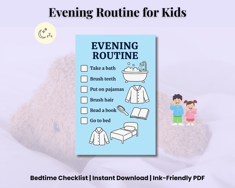Evening Routine Chart for Kids | Bedtime Checklist Printable | Visual ...