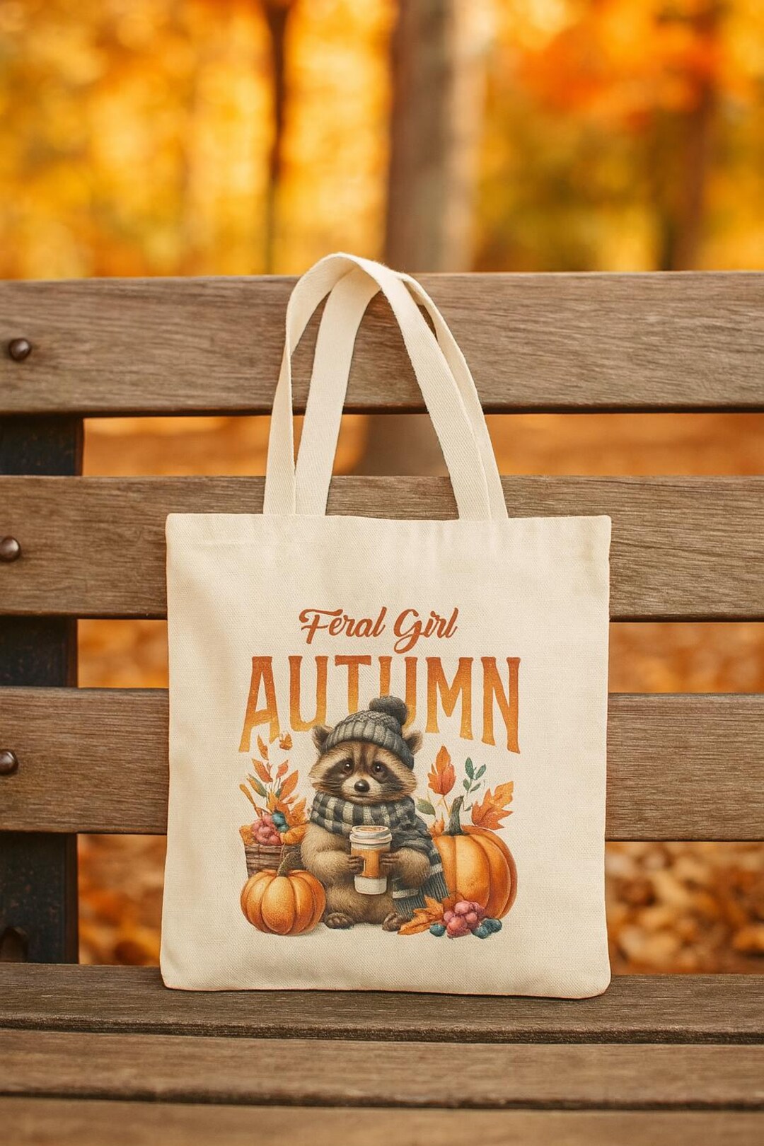 Feral Girl Fall Cotton Tote Bag, Raccoon Fall Tote, Autumn Shopper Bag ...