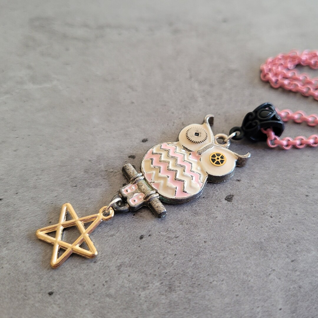 Friday Night - Gothic Steampunk Pink Gear Eye Owl and Pentagram Charm ...