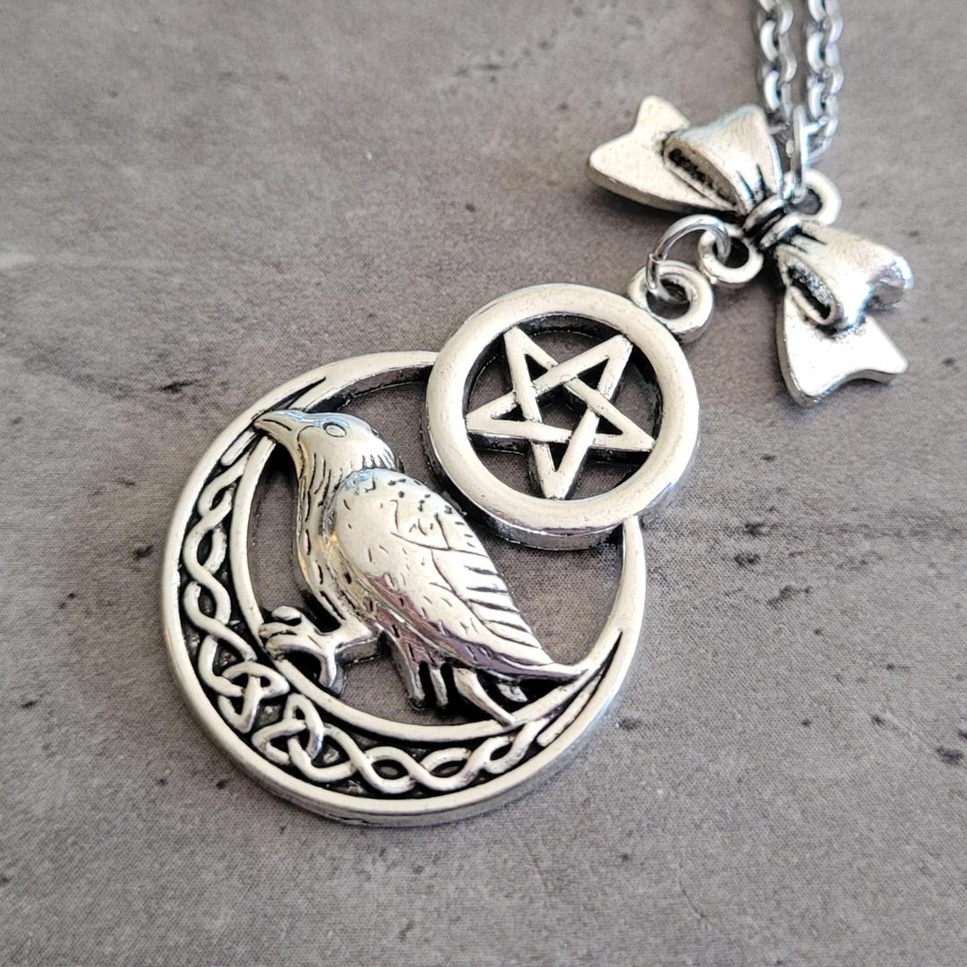 Gothic Filigree Moon Pentagram and Raven Charm Pendant Necklace - Etsy
