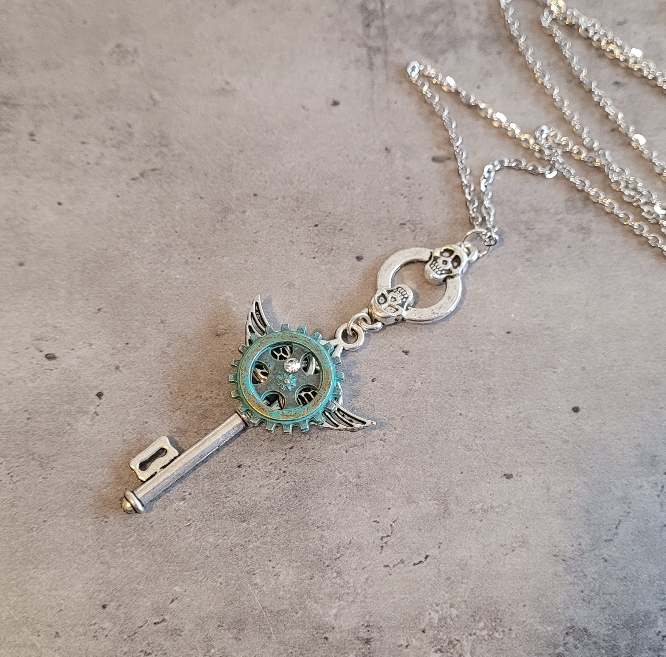 Gothic Steampunk Key Skull Cog Gear and Wings Green Patina Charm ...