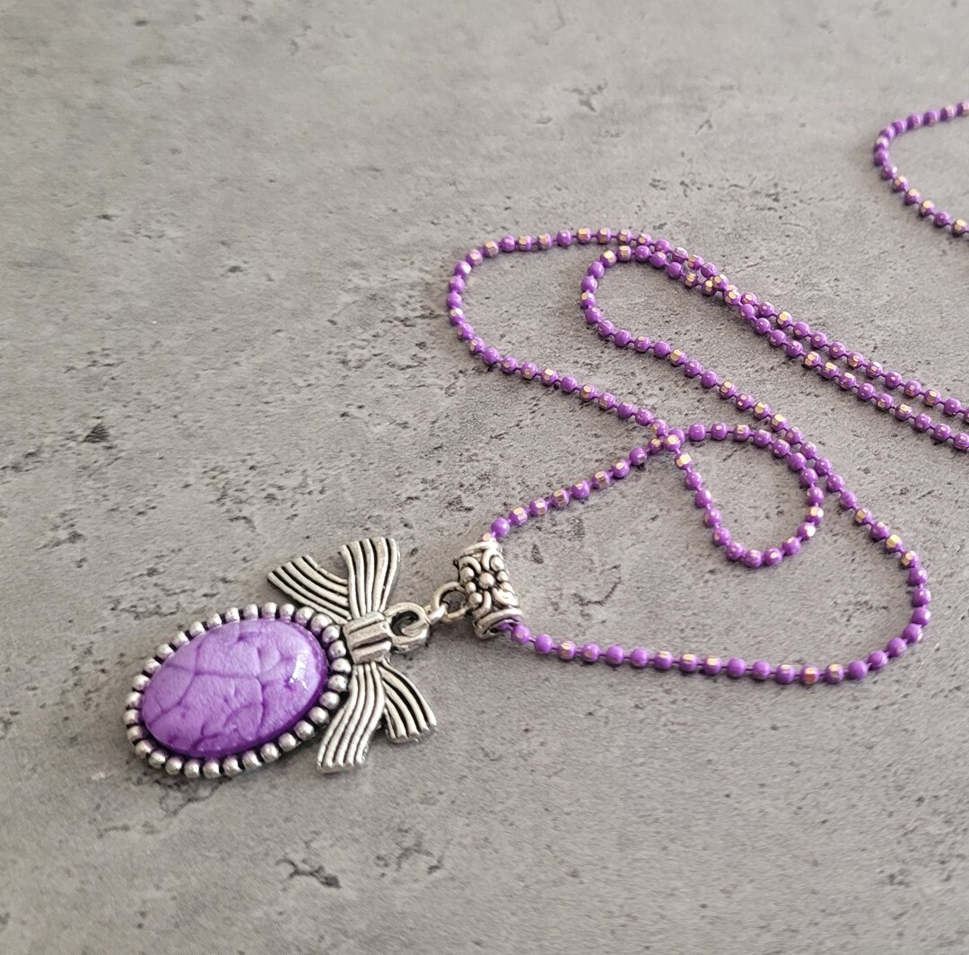 Boho Chic Small Romantic Bow Purple Cabochon Charm Pendant Necklace - Etsy