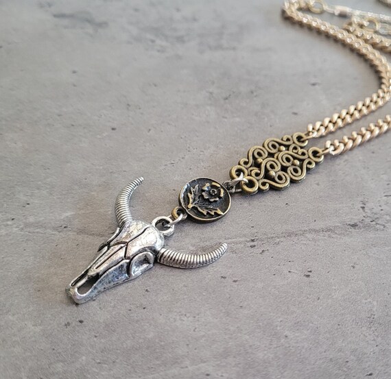 Gothic Bull Skull Steampunk Filigree Flower Charm Pendant - Etsy