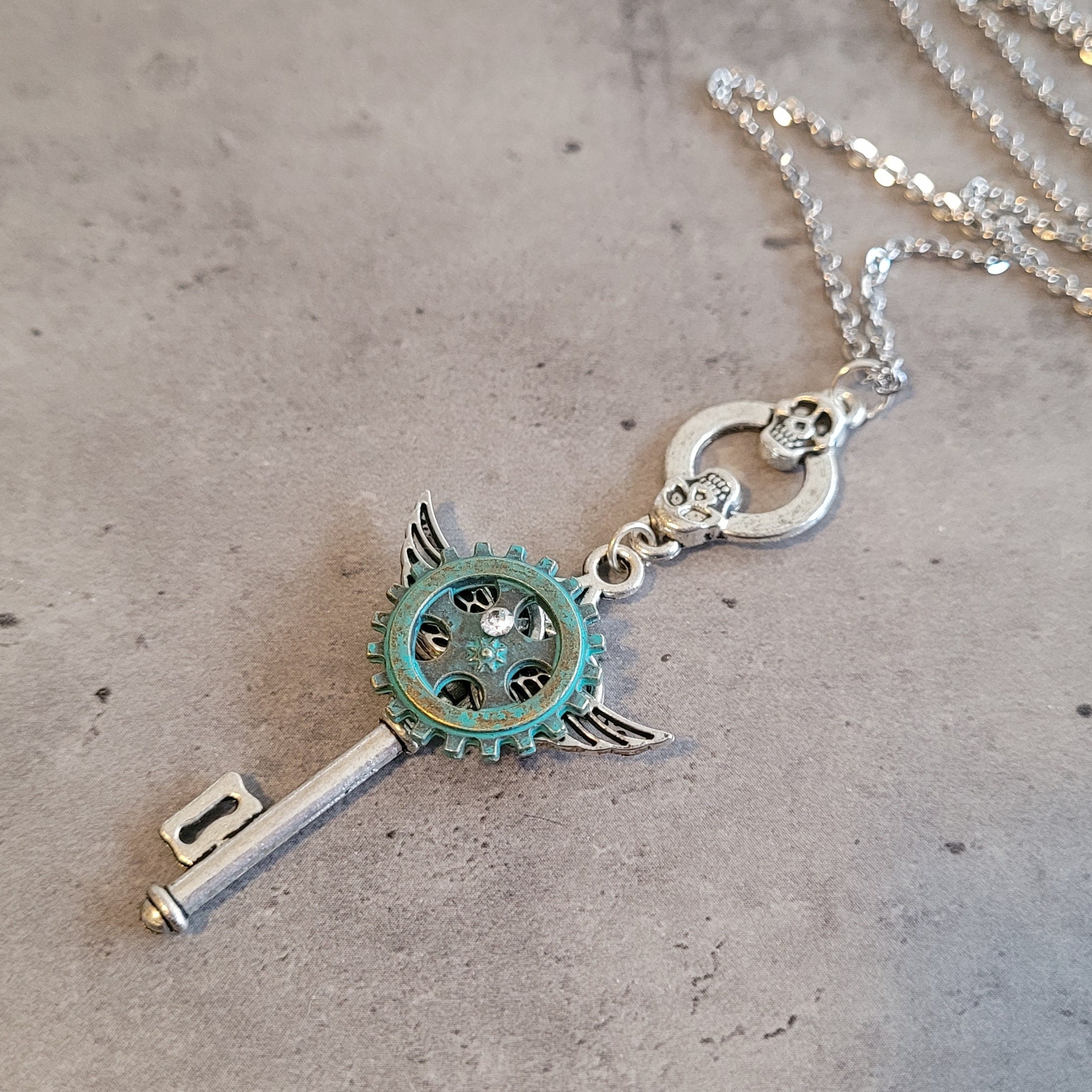 Gothic Steampunk Key Skull Cog Gear and Wings Green Patina Charm ...