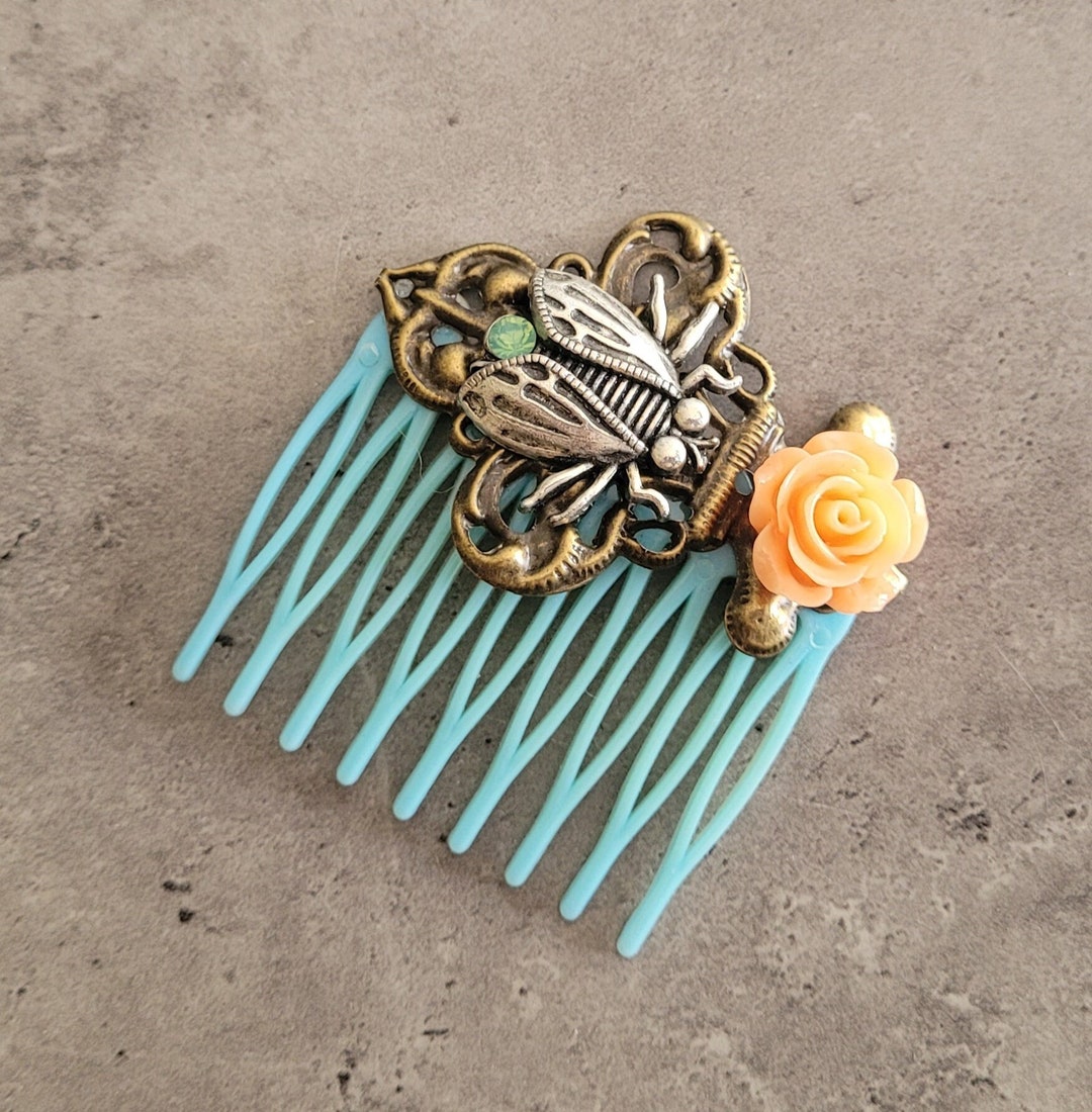 Gothic Steampunk Vintage Bronze and Baby Blue Silver Fly Insect Hair ...