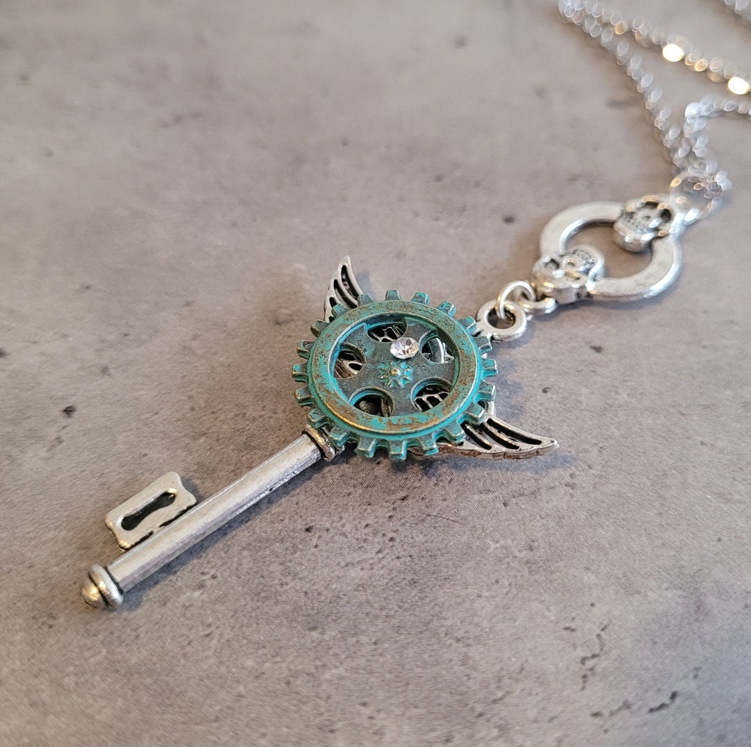 Gothic Steampunk Key Skull Cog Gear and Wings Green Patina Charm ...