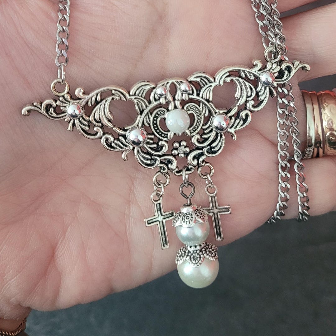 Gothic Silver Filigree Cross Jesus Christian Religious Pearl Beaded ...