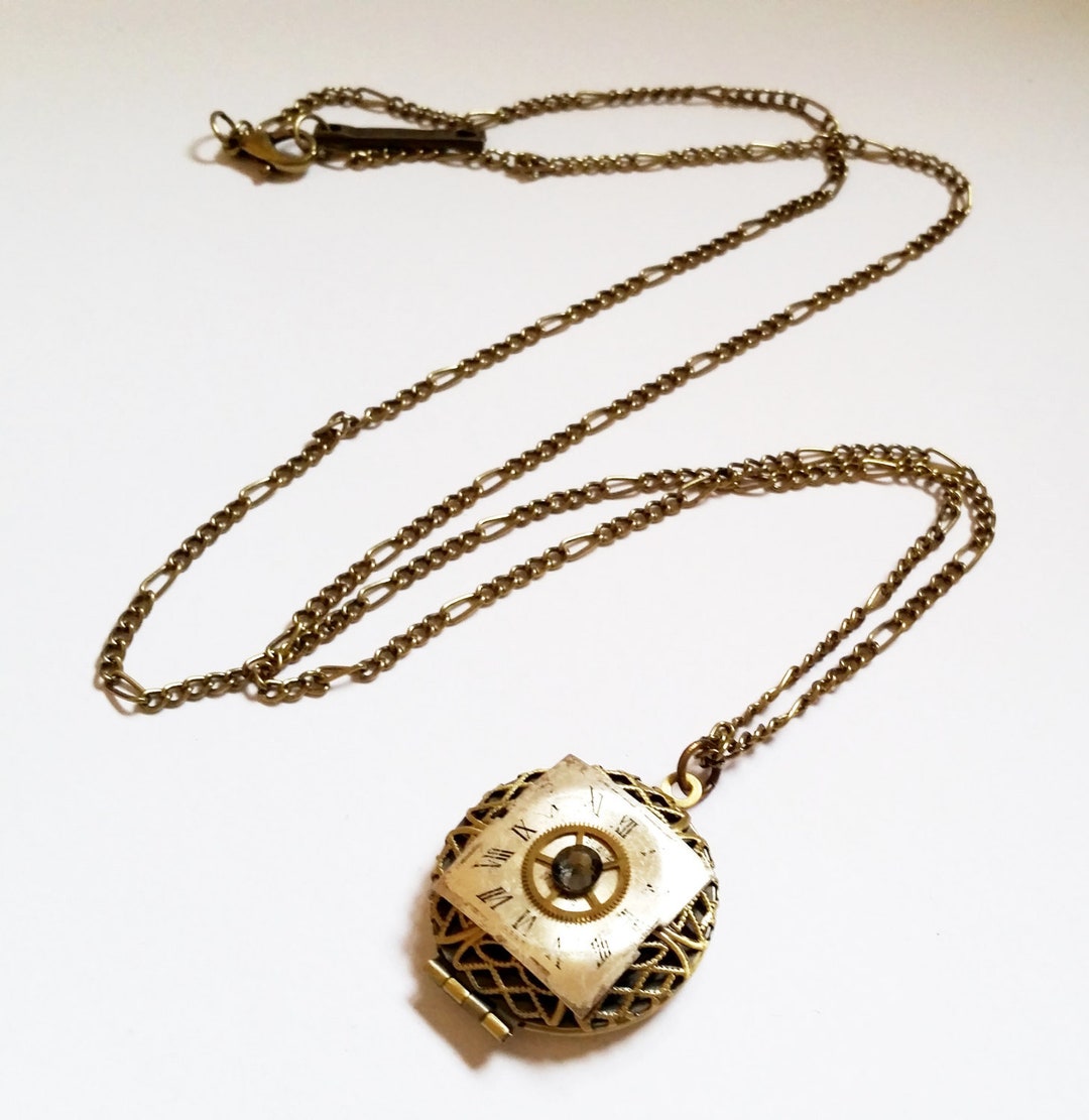 Gothic Steampunk Bronze and Gray Crystal Dial Gear Locket Charm Pendant ...
