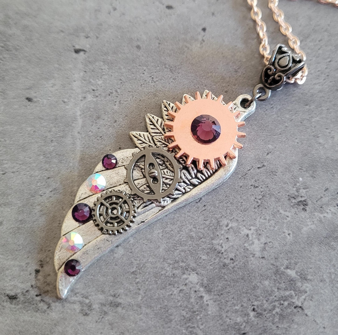 Original Steampunk Feather Clock Dial Cog Gear Charm Chain Necklace - Etsy