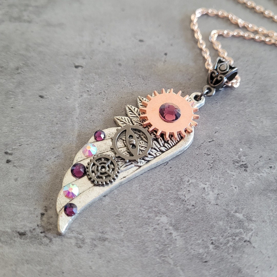 Gothic Steampunk Filigree Wing With Gears and Crystals Charm Pendant ...