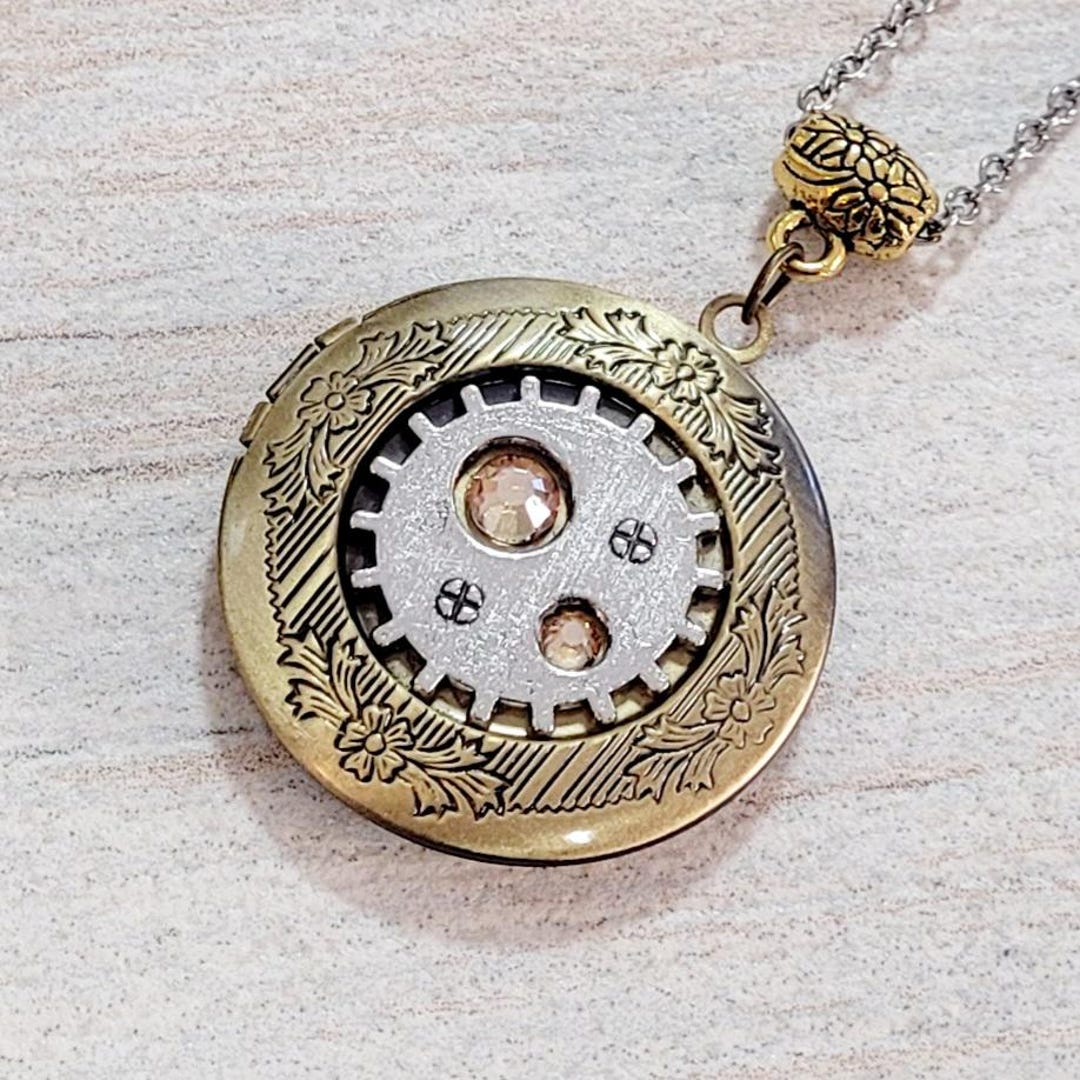 Silver and Bronze Steampunk Floral Filigree Locket Clock Cog Gear ...