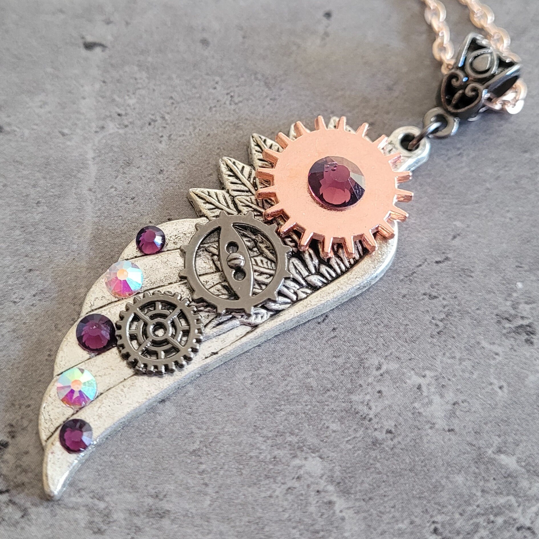 Gothic Steampunk Filigree Wing With Gears and Crystals Charm Pendant ...