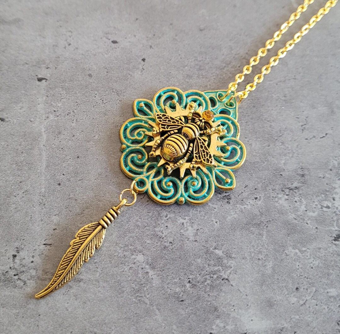 Gothic Steampunk Golden Green Patina Bee Insect and Feather Filigree ...