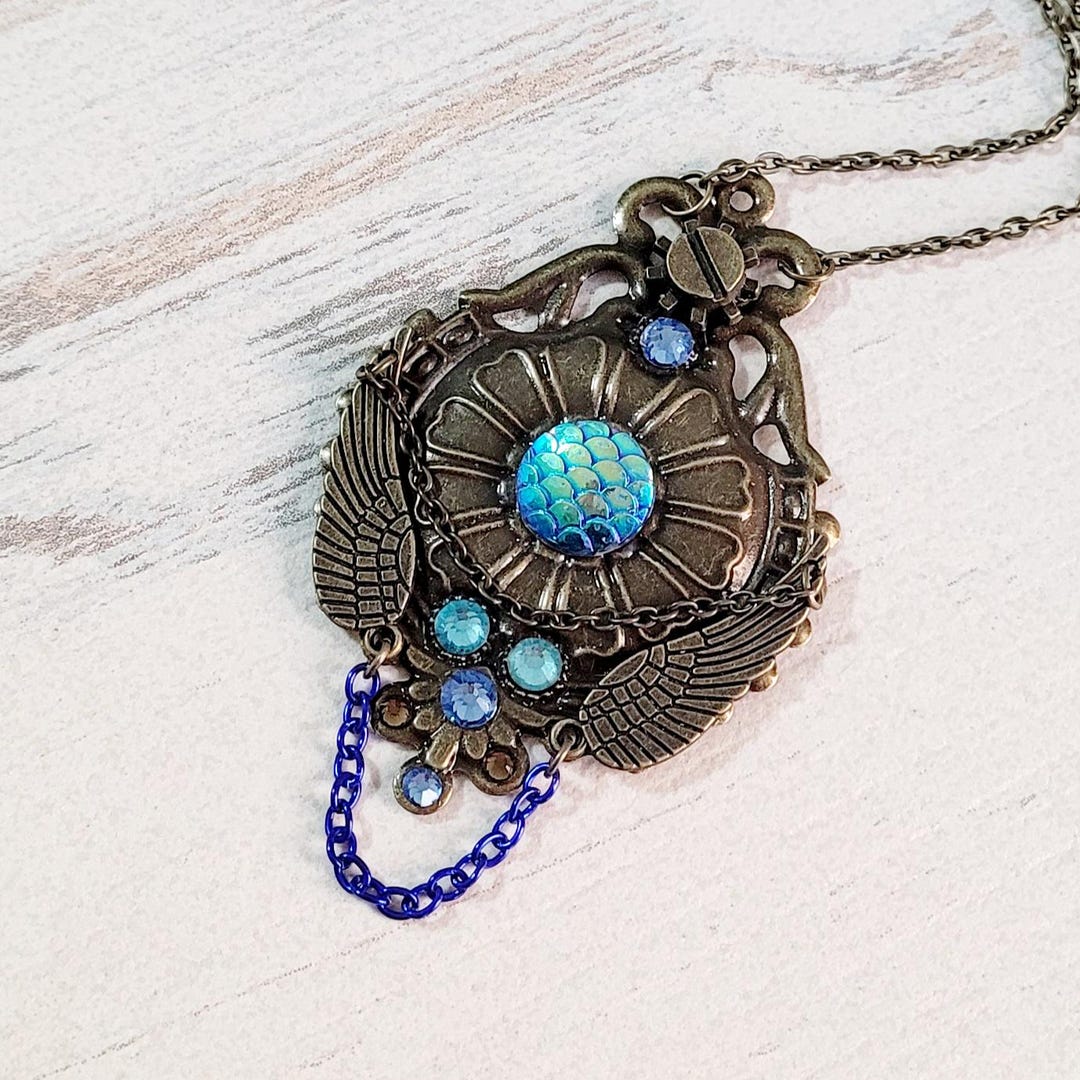 Gothic Steampunk Filigree Clock Gear Wings Floral Bronze Blue Turquoise ...