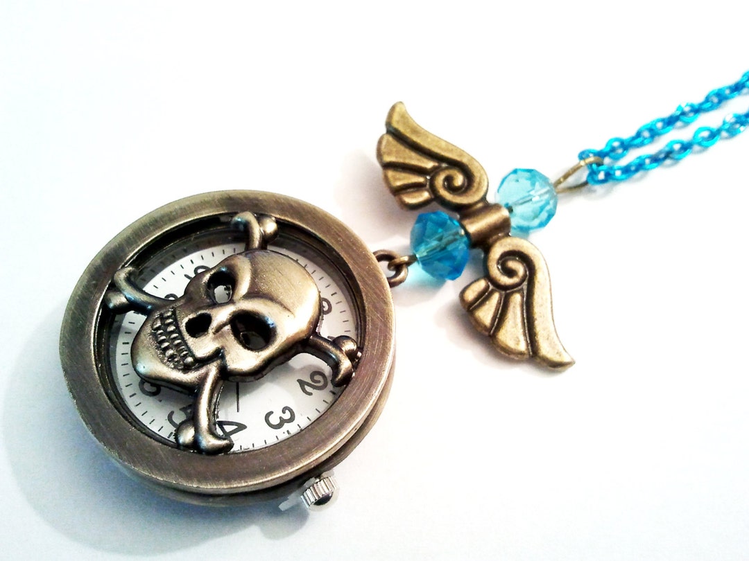 Bronze Skull Clock Watch Pendant Cool Emo Kawaii Link Chain Necklace - Etsy