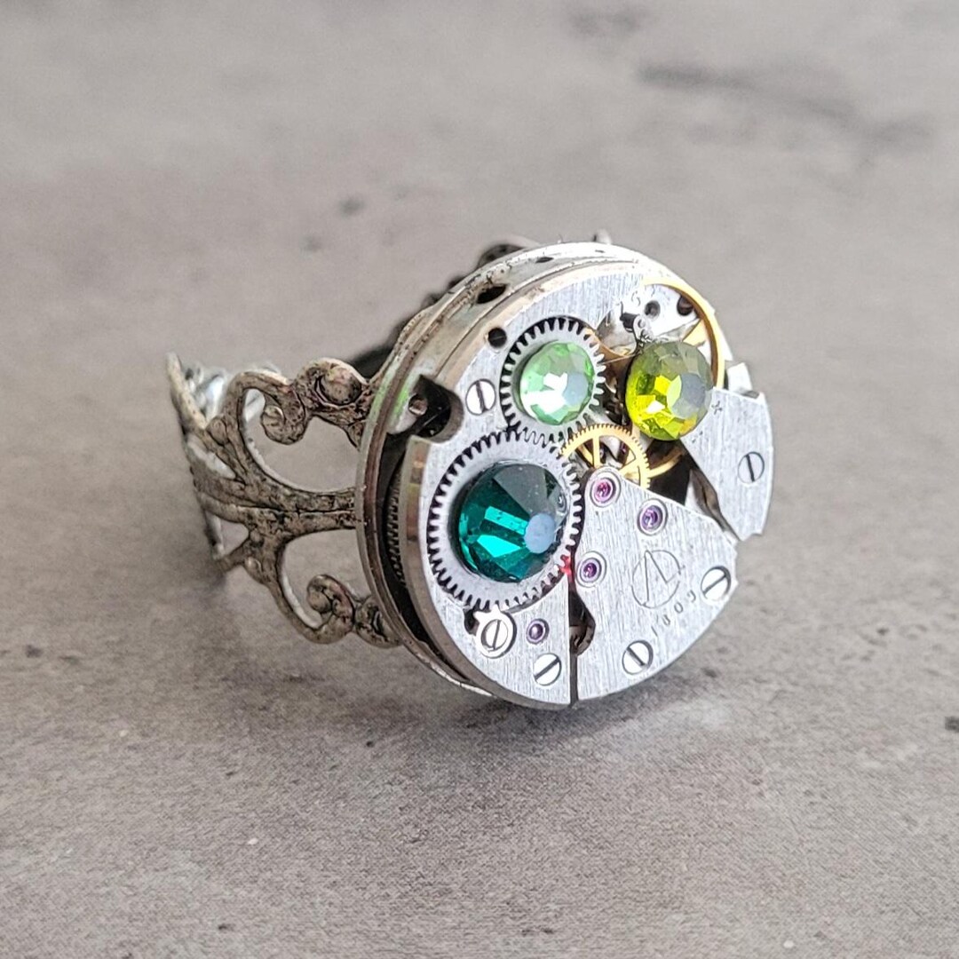 Gothic Steampunk Crystals Clock Gear Mechanism Resizable Ring - Etsy