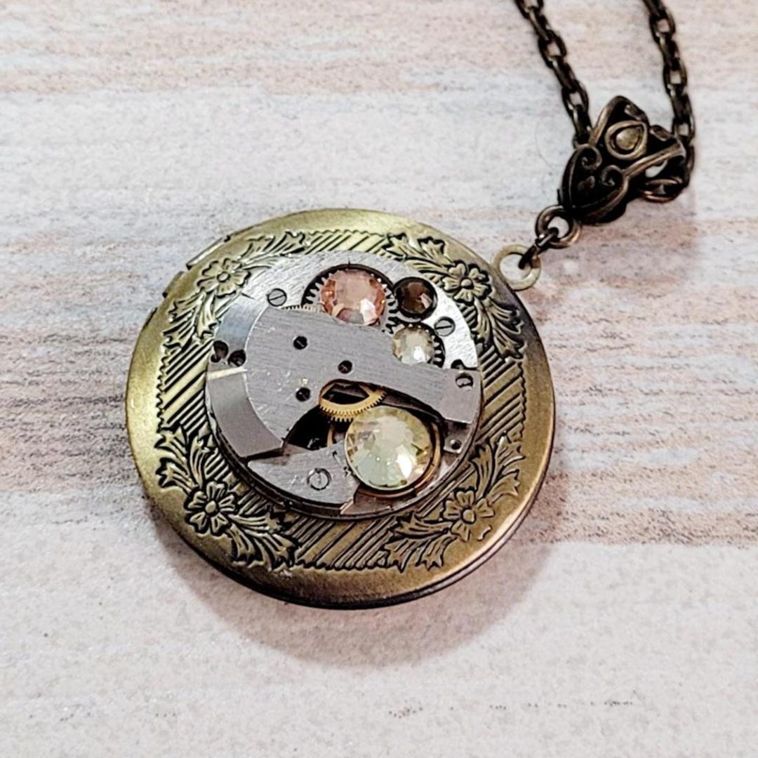 Silver and Bronze Steampunk Round Locket Filigree Flowers Crystals ...