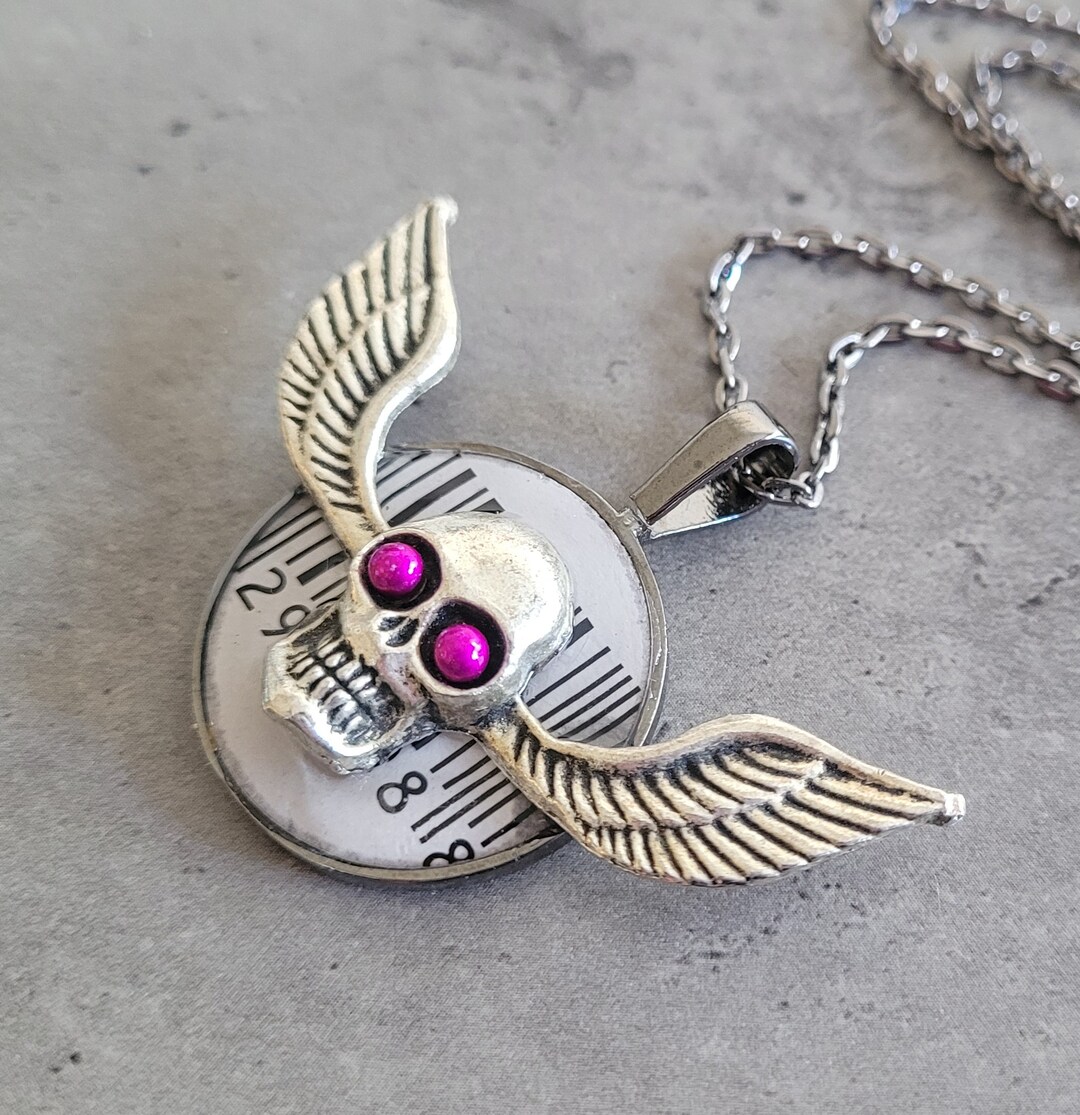 Silver Gothic Skull With Wings Barcode Charm Pendant Necklace - Etsy