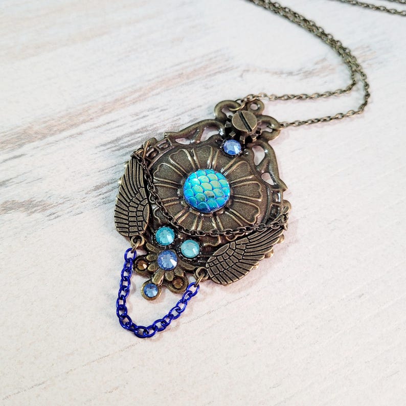 Gothic Steampunk Filigree Clock Gear Wings Floral Bronze Blue Turquoise ...