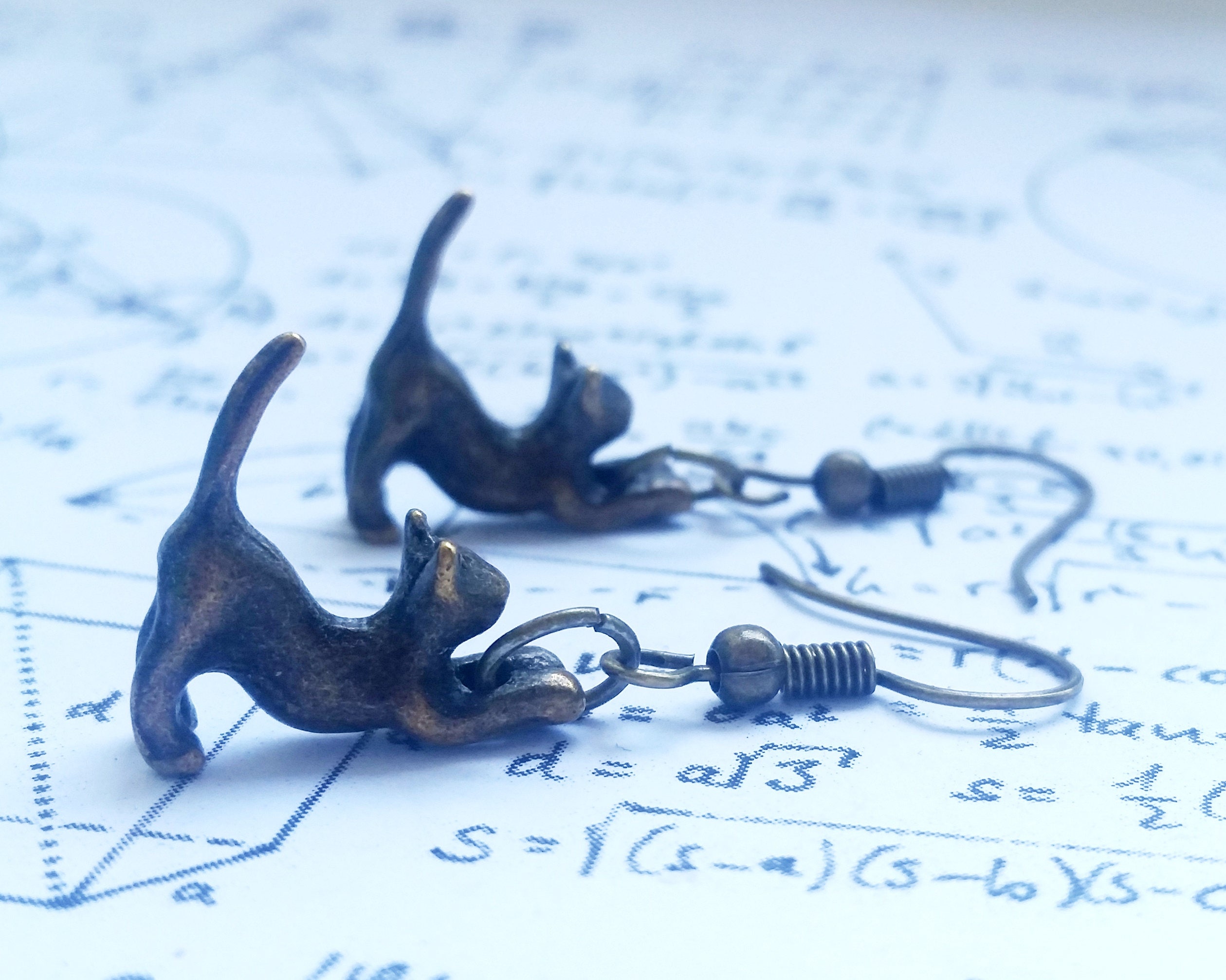 Bronze Stretching Kitty Cat Dangle Earrings - Etsy