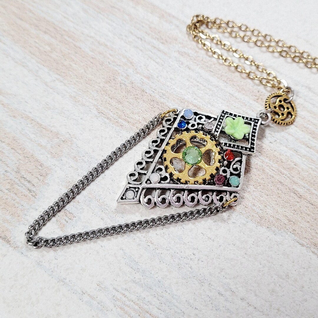 Gothic Steampunk Filigree Clock Cog Gears Flowers and Crystals Chain ...