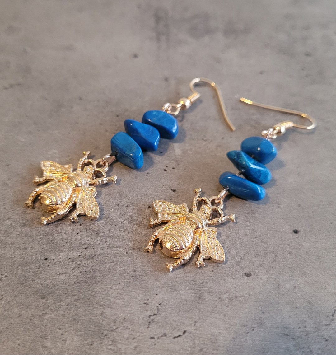 Steampunk Golden Bee Insect With Blue Howlite Crystals Dangle Earrings ...