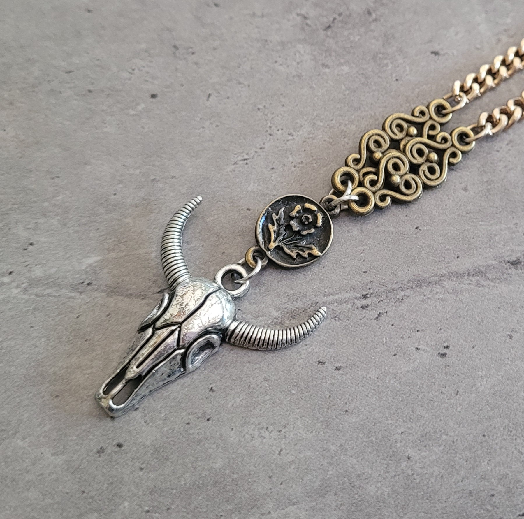 Gothic Bull Skull Steampunk Filigree Flower Charm Pendant Necklace - Etsy