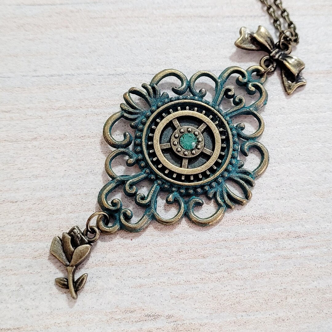 Gothic Steampunk Green Patina Filigree Floral Clock Cog Gear Chain ...