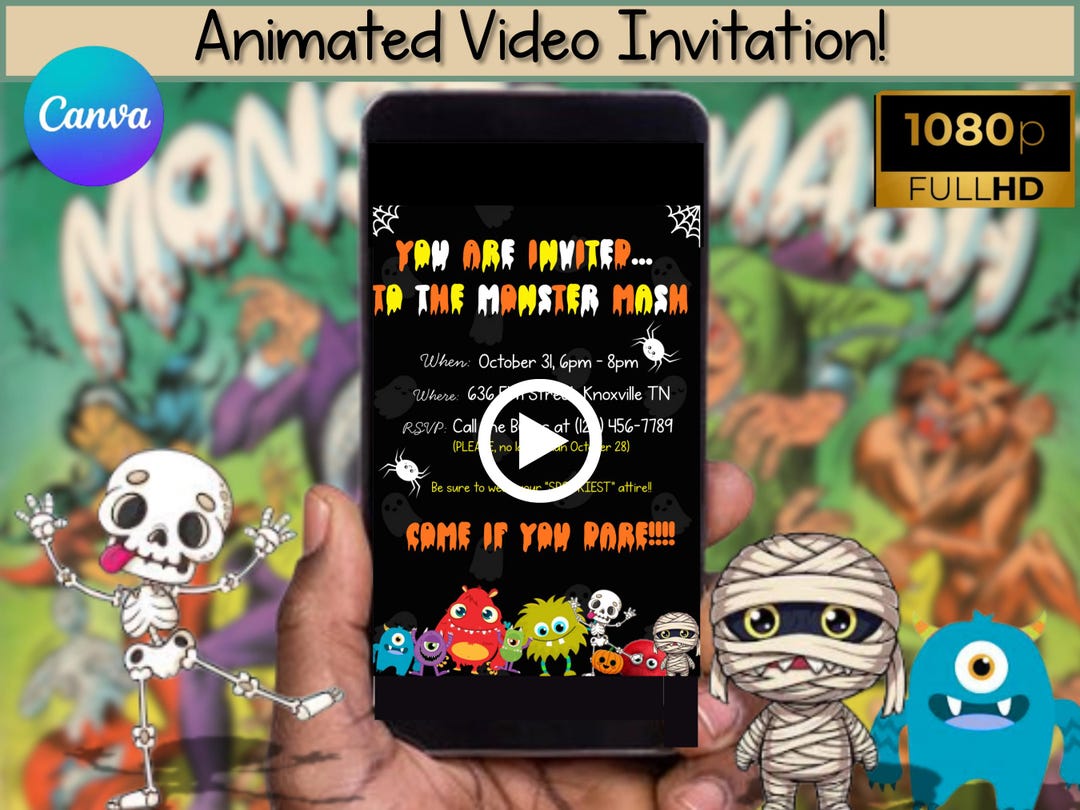 Monster Mash Animated Video Invitation! Digital Download- Canva ...