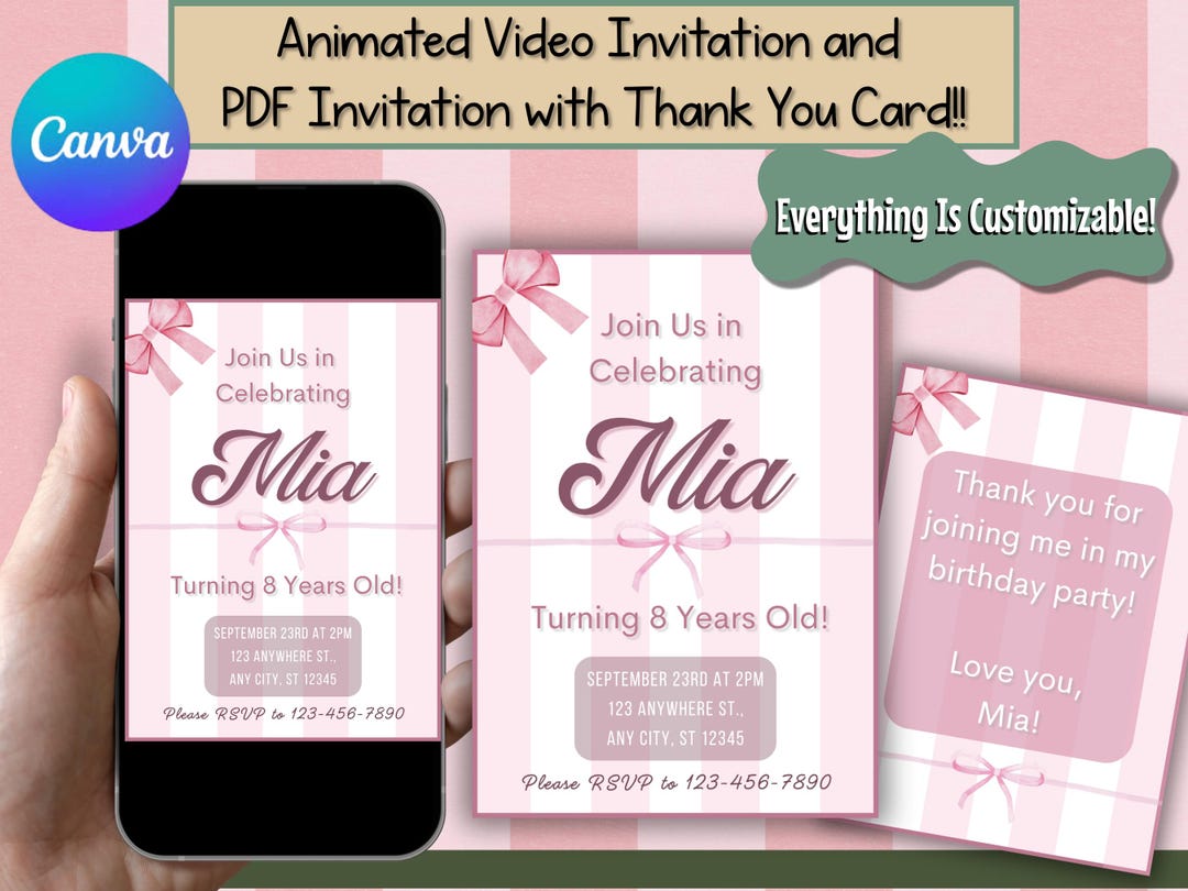 Pink Bow Birthday Party Animated Video Invitation & PDF Invitation W ...