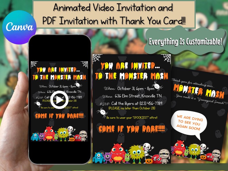 Monster Mash Animated Video Invitation, PDF Invite & Thank You Card ...
