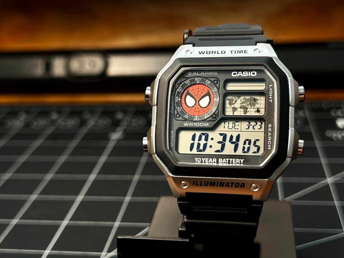 Spider Man - Casio Royale Mod (AE-1200) Silver Case, World Time - Etsy