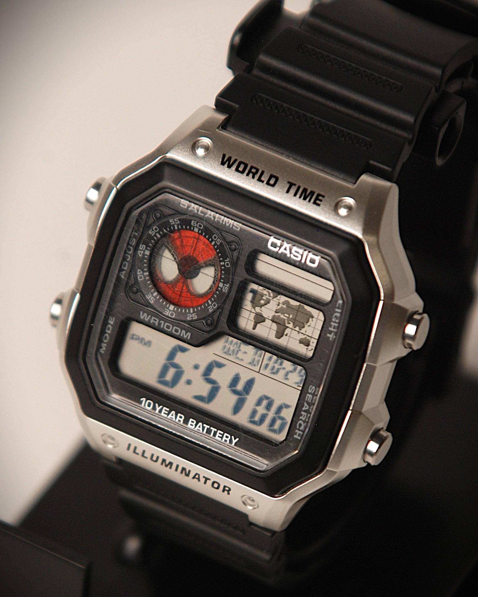 Spider Man - Casio Royale Mod (AE-1200) Silver Case, World Time - Etsy