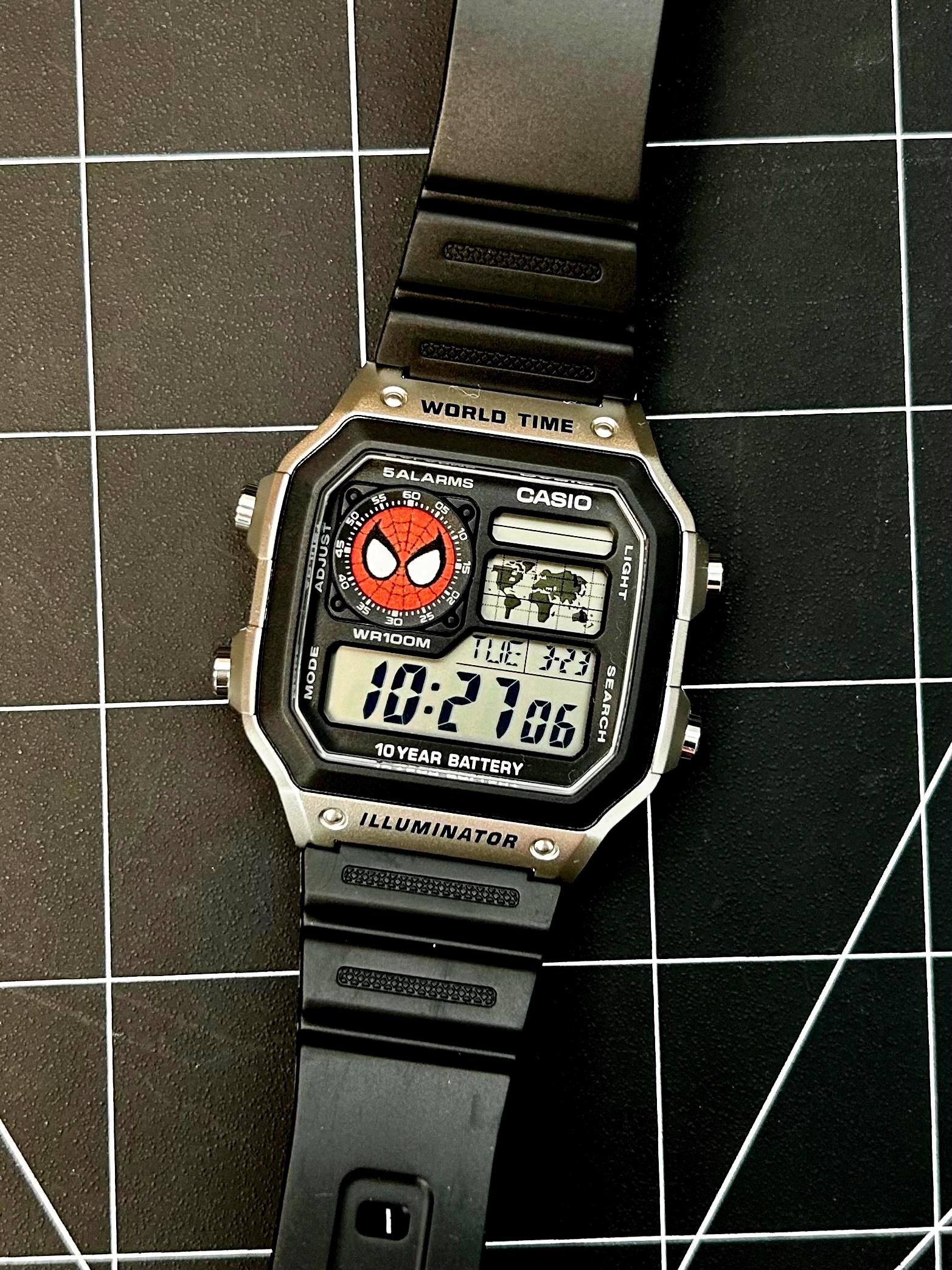 Spider Man - Casio Royale Mod (AE-1200) Silver Case, World Time - Etsy