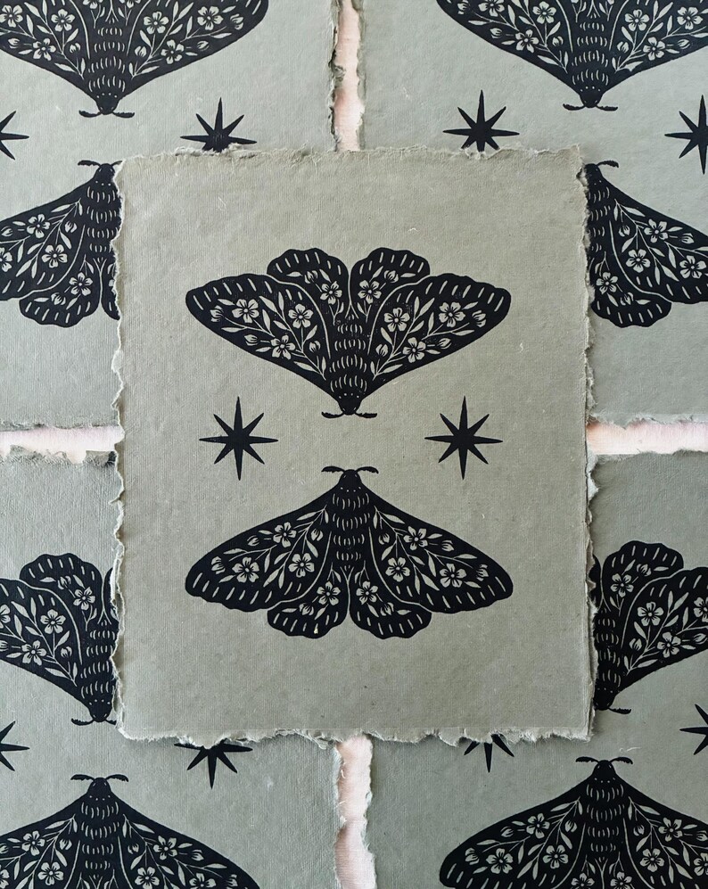 Twin Moths Linocut Print: Black Ink Floral Art on Sage Green Handmade ...