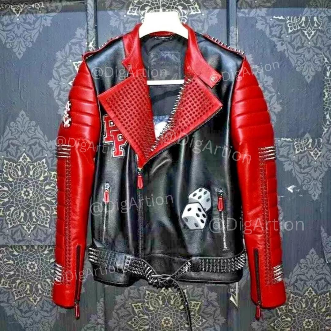 Black and Red Leather Jacket With Casino Back Design – Statement Biker ...