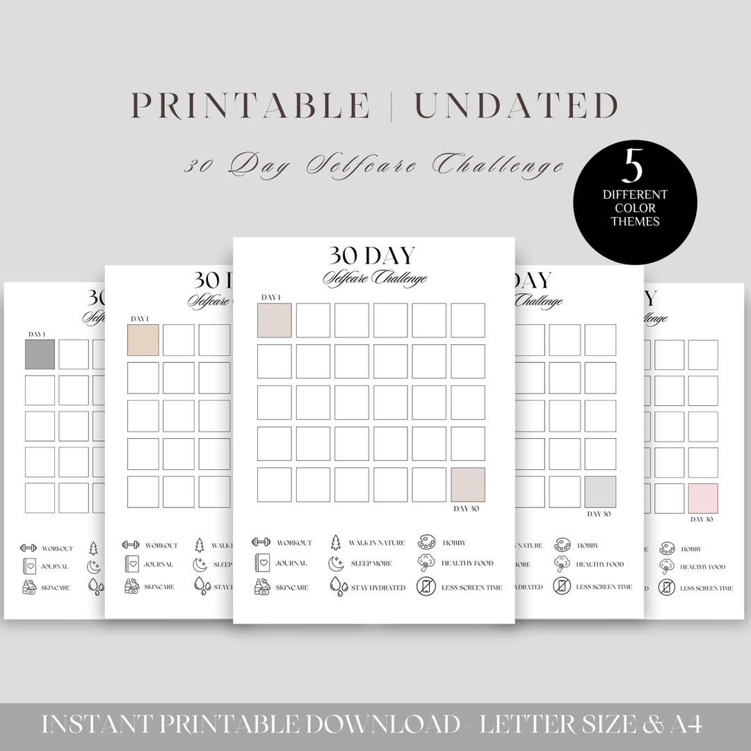 30-Day Self-Care Challenge Printable | Daily Checkbox Tracker ...