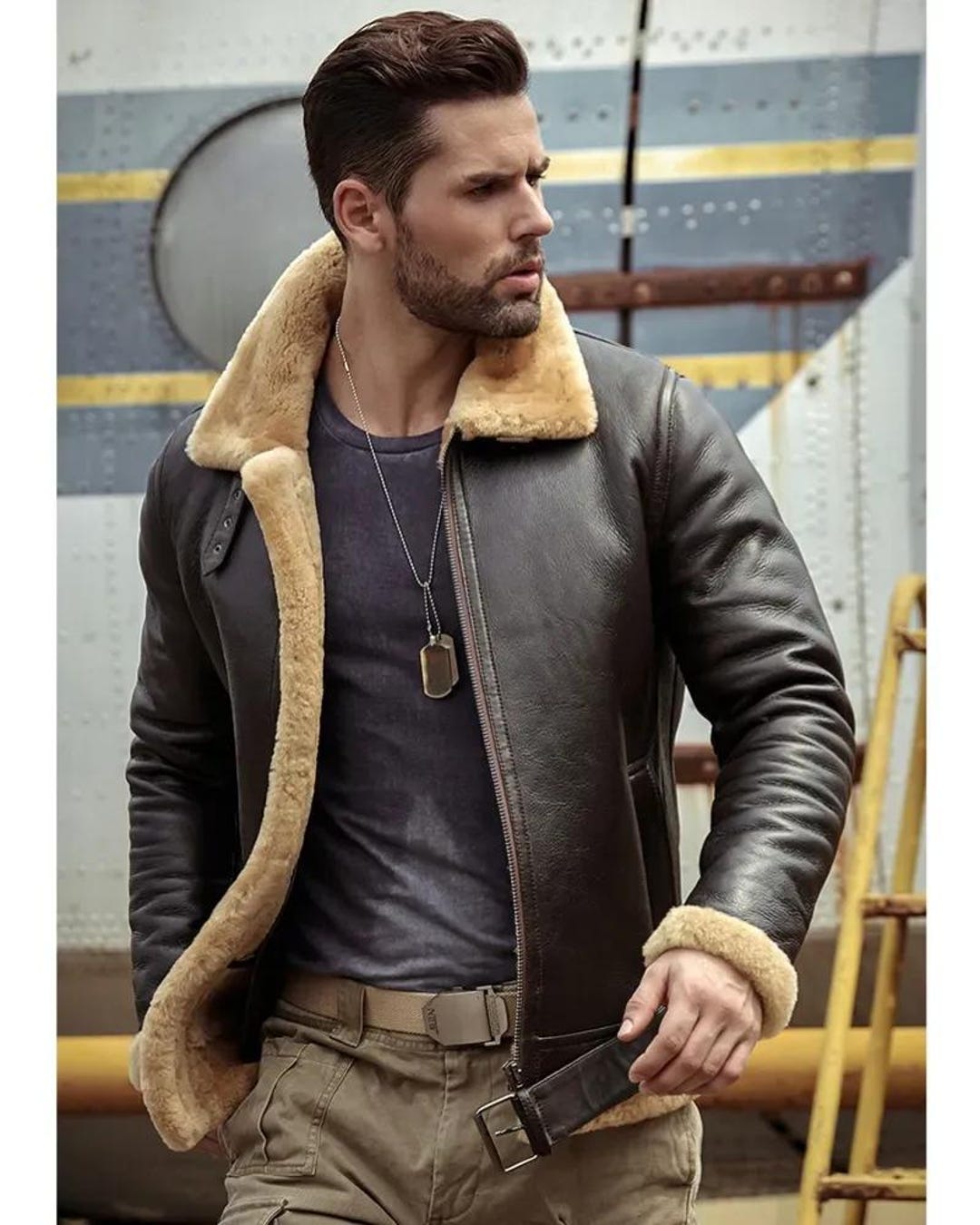 Men’s Aviator Fur Jacket, Stylish RAF Pilot Leather Coat, Black ...