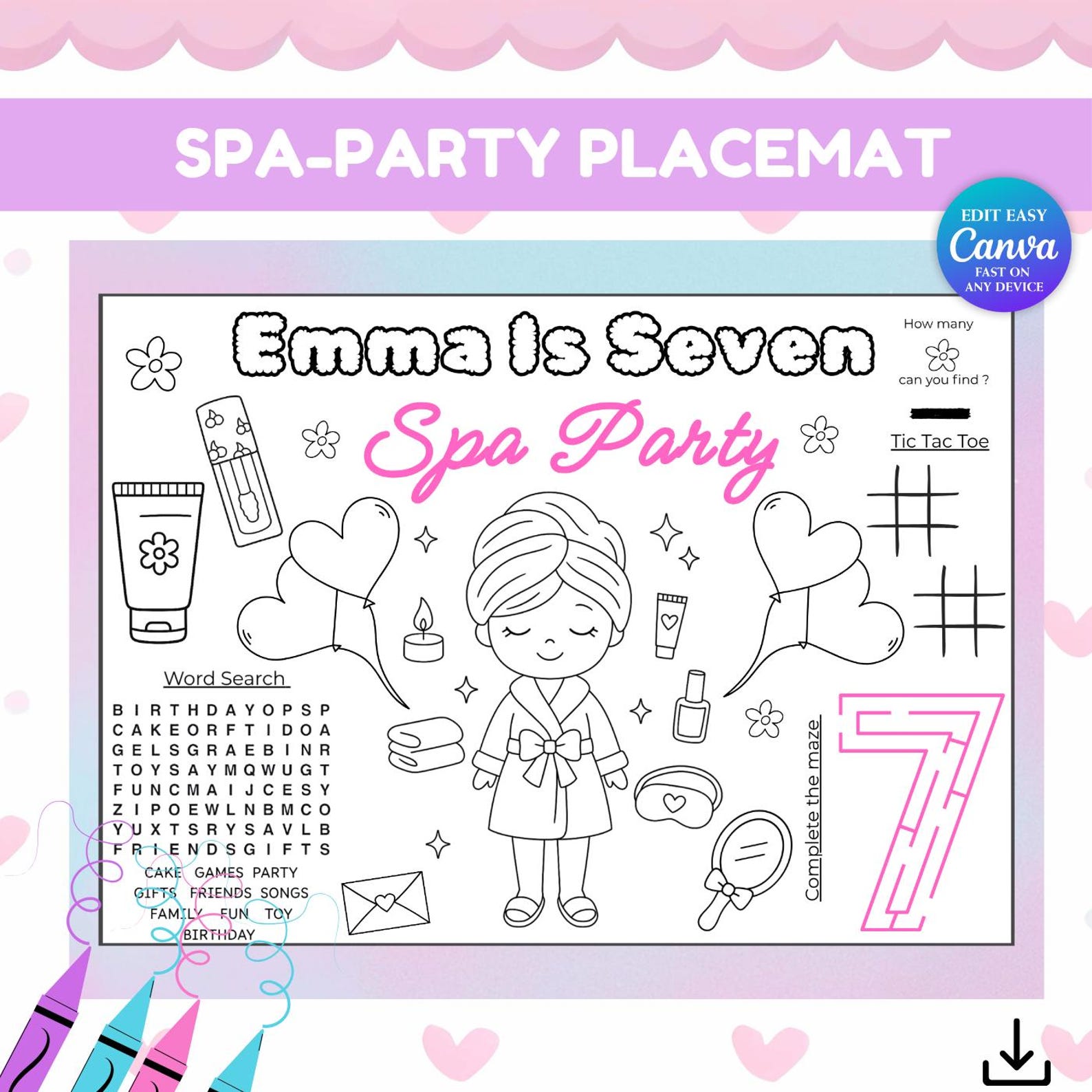 Spa Party Activity Sheet Editable Spa Placemat Pamper Birthday Party ...