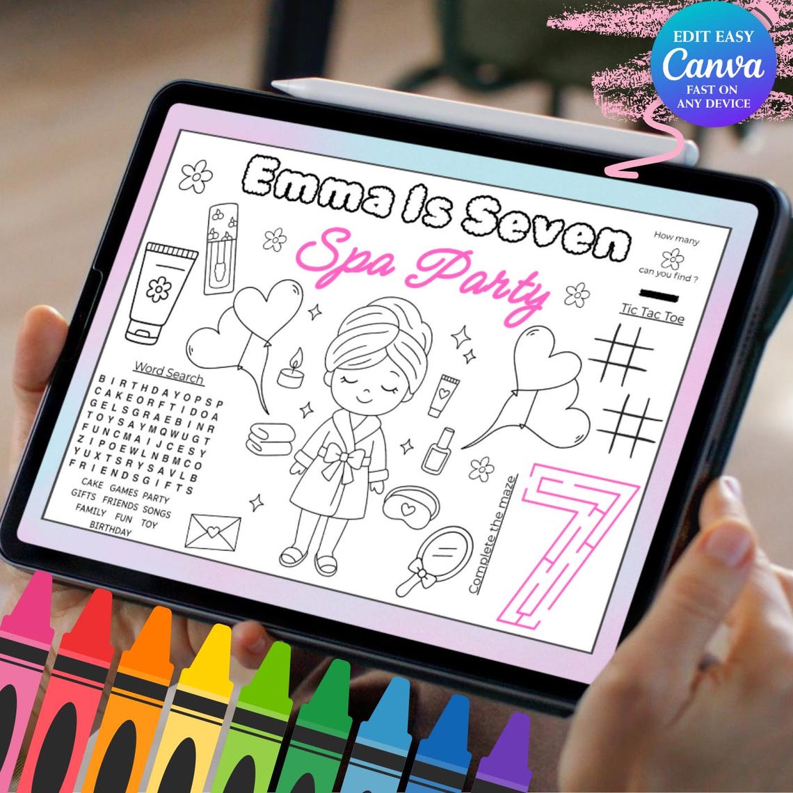 Spa Party Activity Sheet Editable Spa Placemat Pamper Birthday Party ...