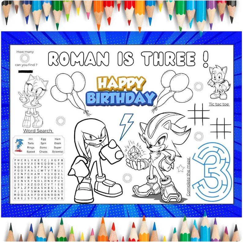 Editable Sonic Birthday Activity Placemat | Personalized Sonic Party ...