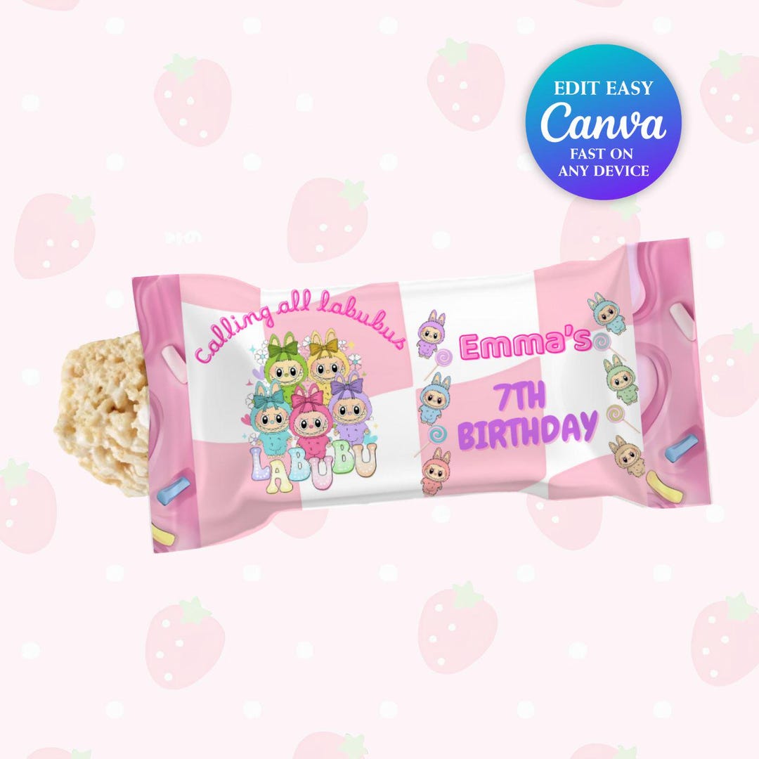 Labubu Rice Krispies Treat Wrapper | Editable Kawaii Birthday Favor ...