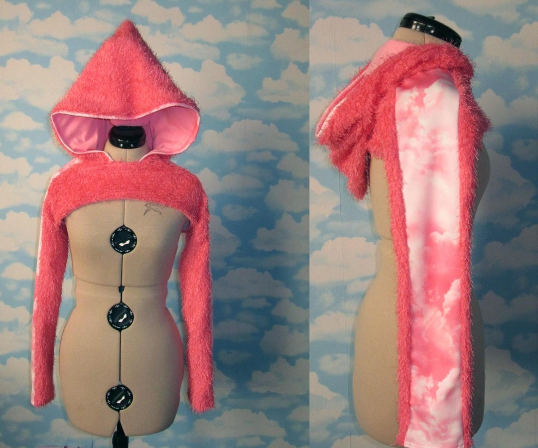 Camelia Pink Fluffy Shrug With Pixie Hood and Clouds Detail on the ...