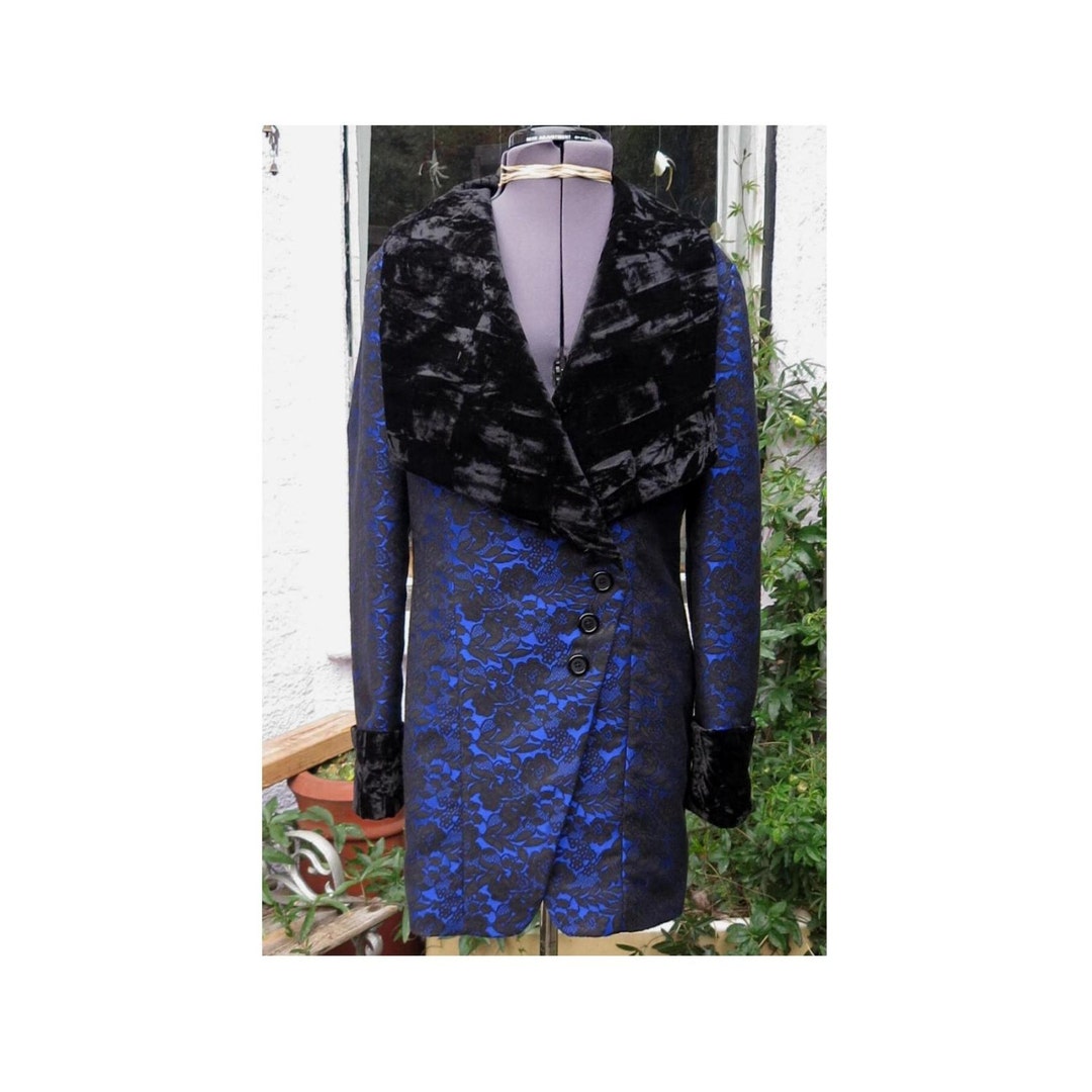 SALE Edwardian Frock Coat Blue and Black Lace Jacquard Crushed Velvet ...